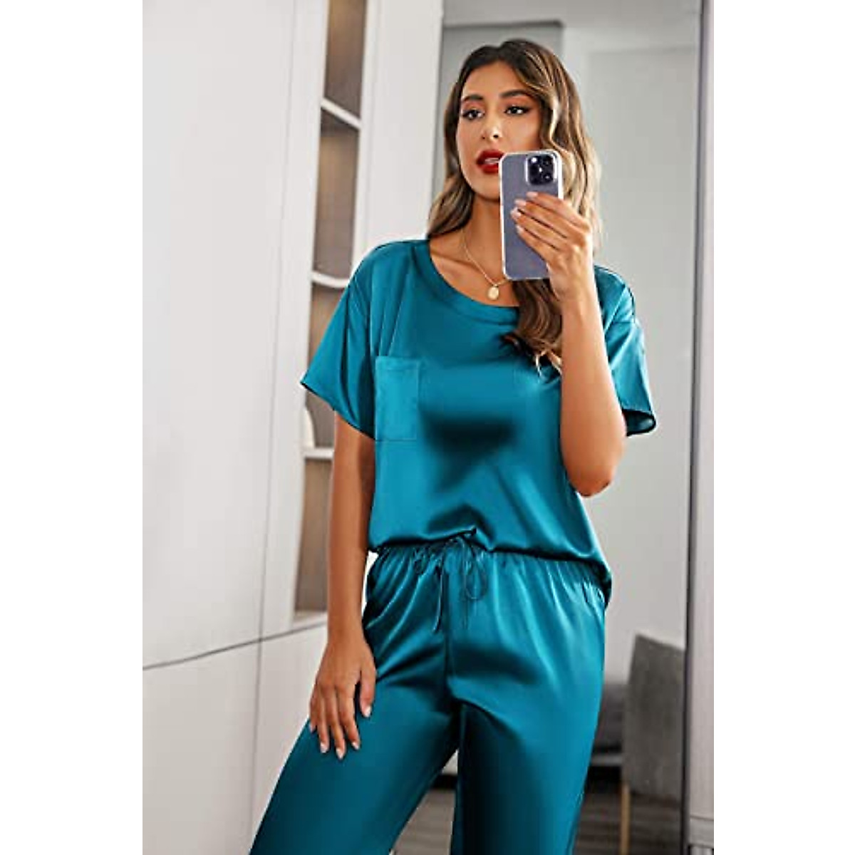 Ekouaer Satin Pajama set for Women Silk Pajamas Set Satin Pj Set Short Sleeve Top and Long Pant Pajama Set Two Piece Sleep Set Silky Sleepwear Nightwear Green L
