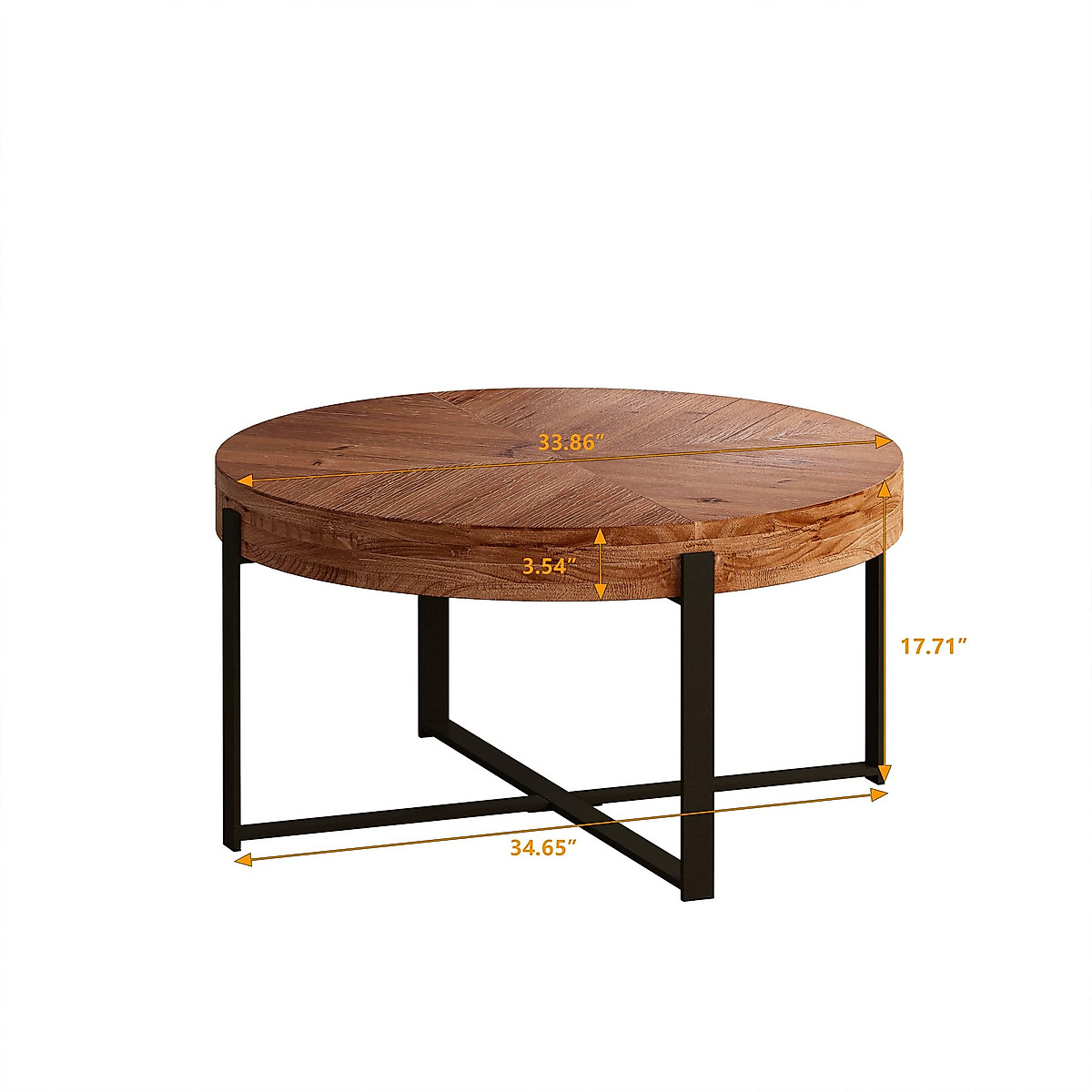 SSLine Antique Round Wood Coffee Table Farmhouse Cocktail Center Table for Living Room Thicken Fir Wood Table Top with Cross Metal Base(Natural&Black - 33.86" D x 17.71" H)