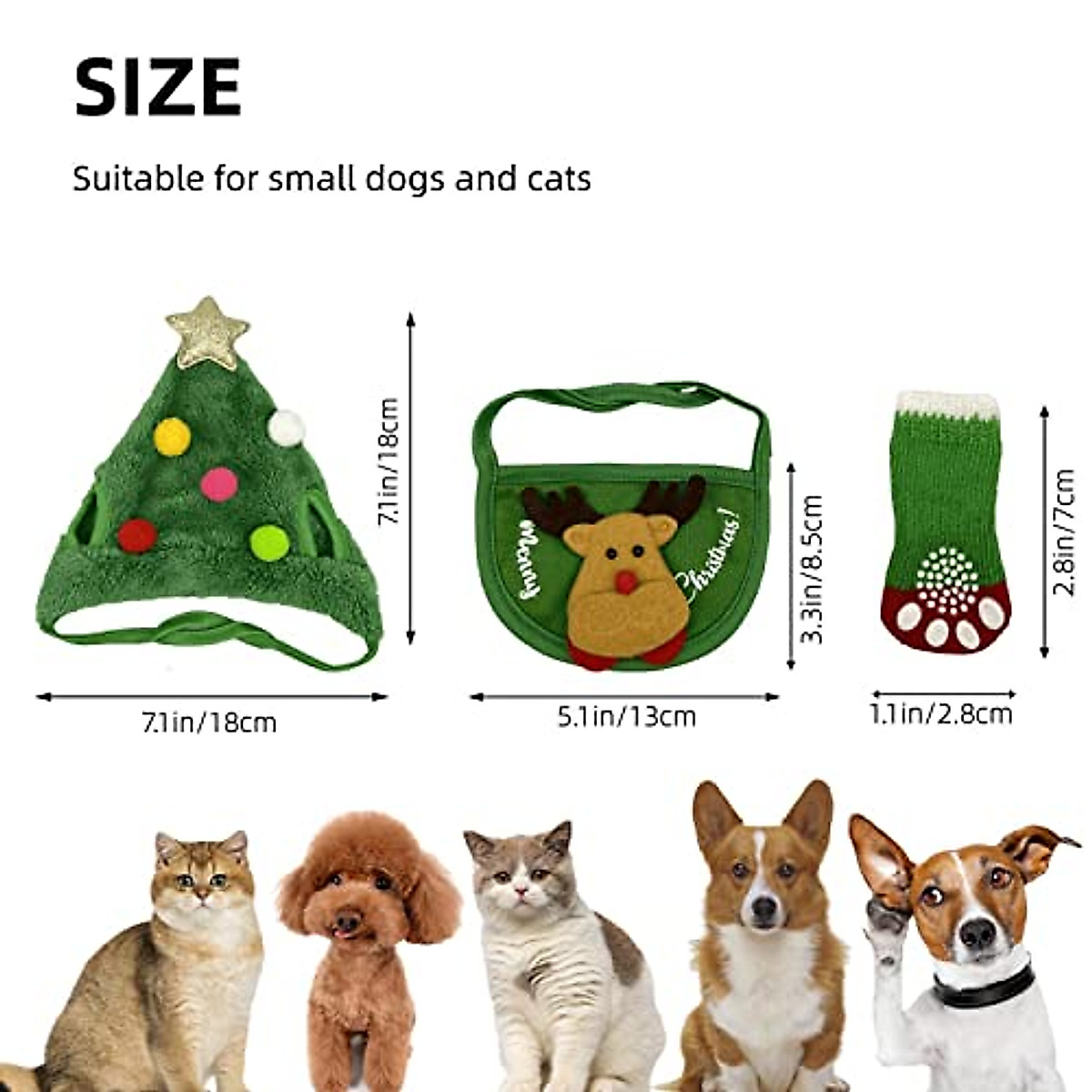 Dog Cat Christmas Outfit Hat Pet Small Dog Bib Costume 3 Pcs Christmas Santa Dog Clothes with Socks Lovely Cat Green Hats Tangcii Funny Puppy Dog Cosplay Outfits Dress Apparel Accessories Set