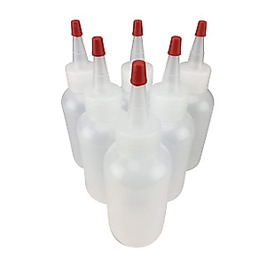 Hobbyland Squeeze Bottles, LDPE Plastic Bottles, Natural Boston Round Bottles, Yorker Spout Red Caps, Tips have .30 Hole (4oz, 24/410 Neck, 6 Bottles)