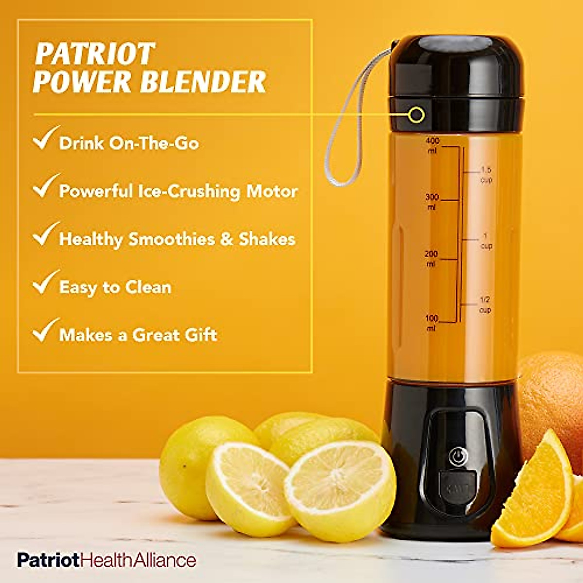 PATRIOT HEALTH ALLIANCE Patriot Power Blender, Portable, Cord-Free USB Rechargeable Mini Blender, Make Smoothies, Protein Shakes, Slushies for Kids & Margaritas On-The-Go, Ideal for Travel, Gym, Camping