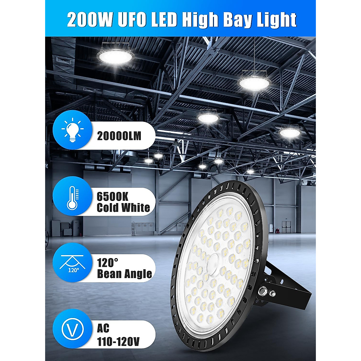 UFO LED High Bay Lights 200W 6 Packs,Super Bright 20000LM High Bay LED Shop Lights,6500K Daylight High Bay LED Lights,Waterproof High Bay Lighting,LED High Bay Light for Factory Warehouse Workshop