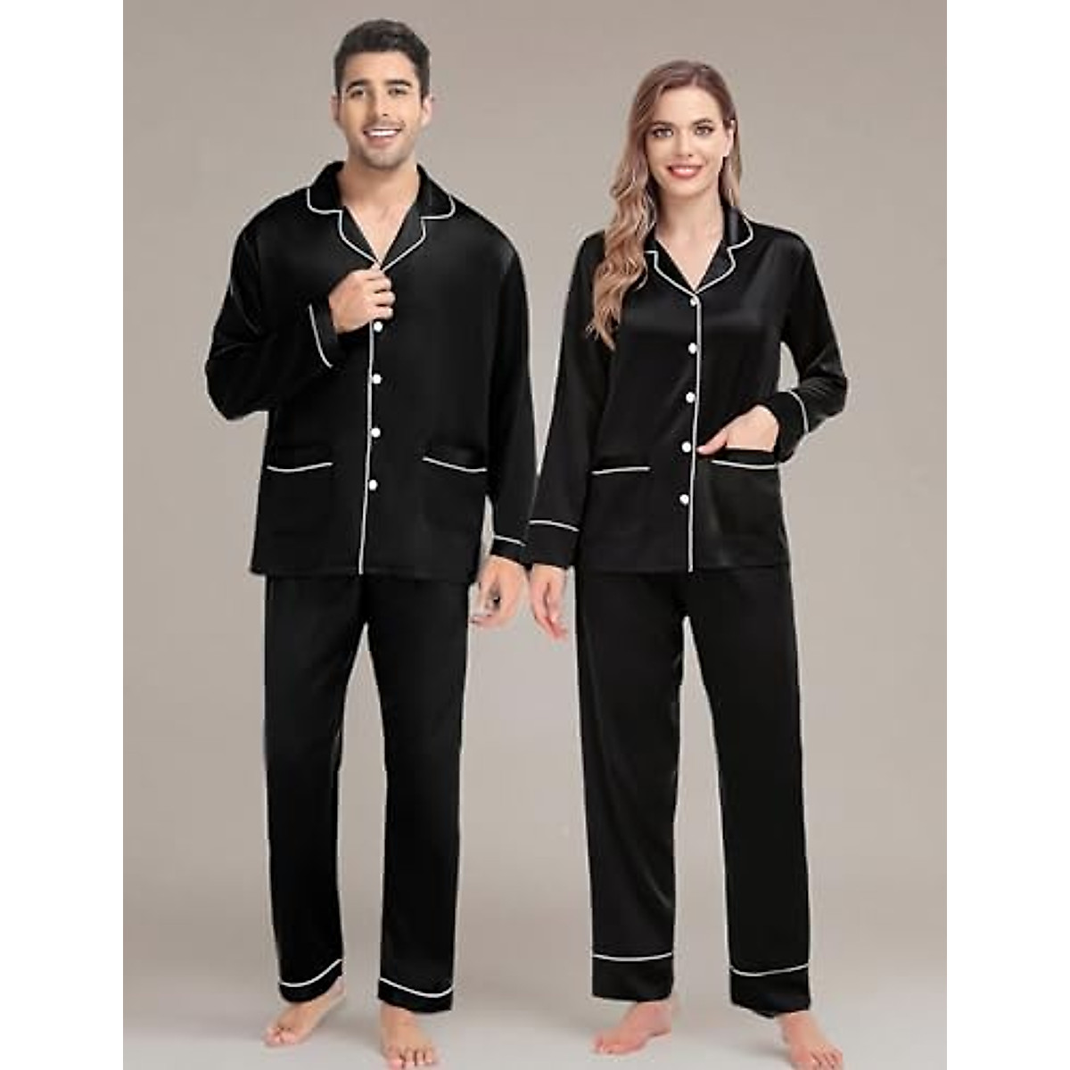 SWOMOG Couple Family Pajamas Matching Sets Women Silk Satin Pjs Set 2 Pcs Long Sleeve Button Down Sleepwear with 2 Pockets, Black Small