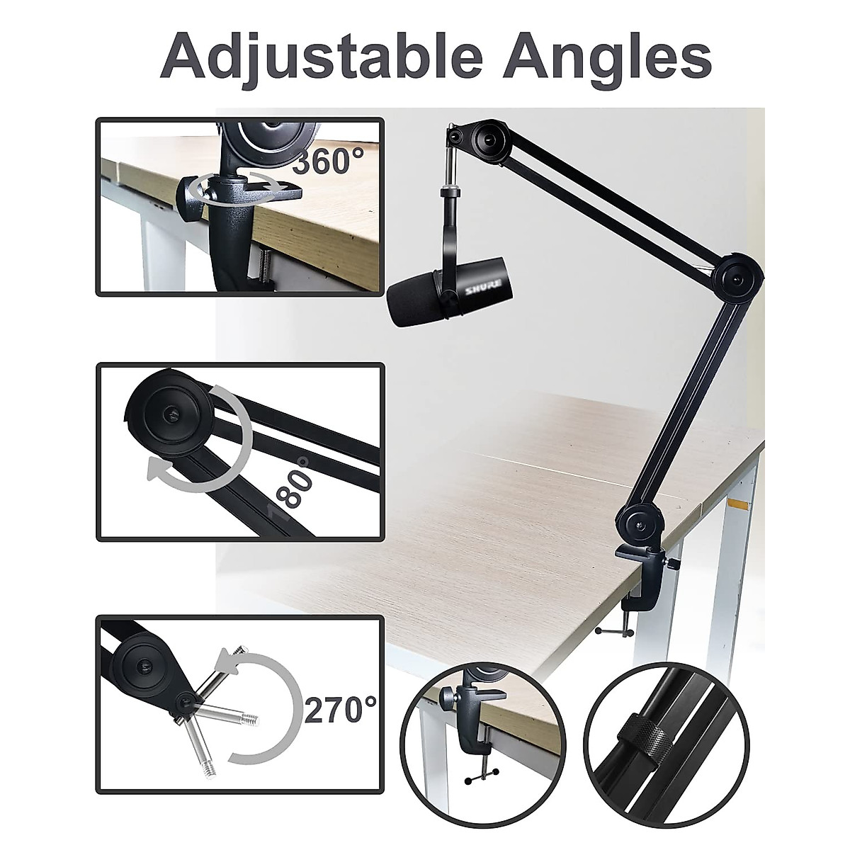 Boseen Microphone Boom Arm Stand, Heavy Duty Adjustable Suspension Scissor Mic Stand with Pop Filter, Compatible with Shure MV7, Black Metal, Desktop Stand