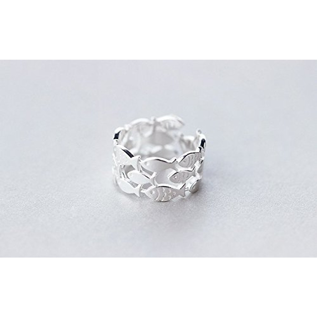 Helen de Lete Simple School Fish Geometric Pattern 925 Sterling Silver Open Ring-white silver