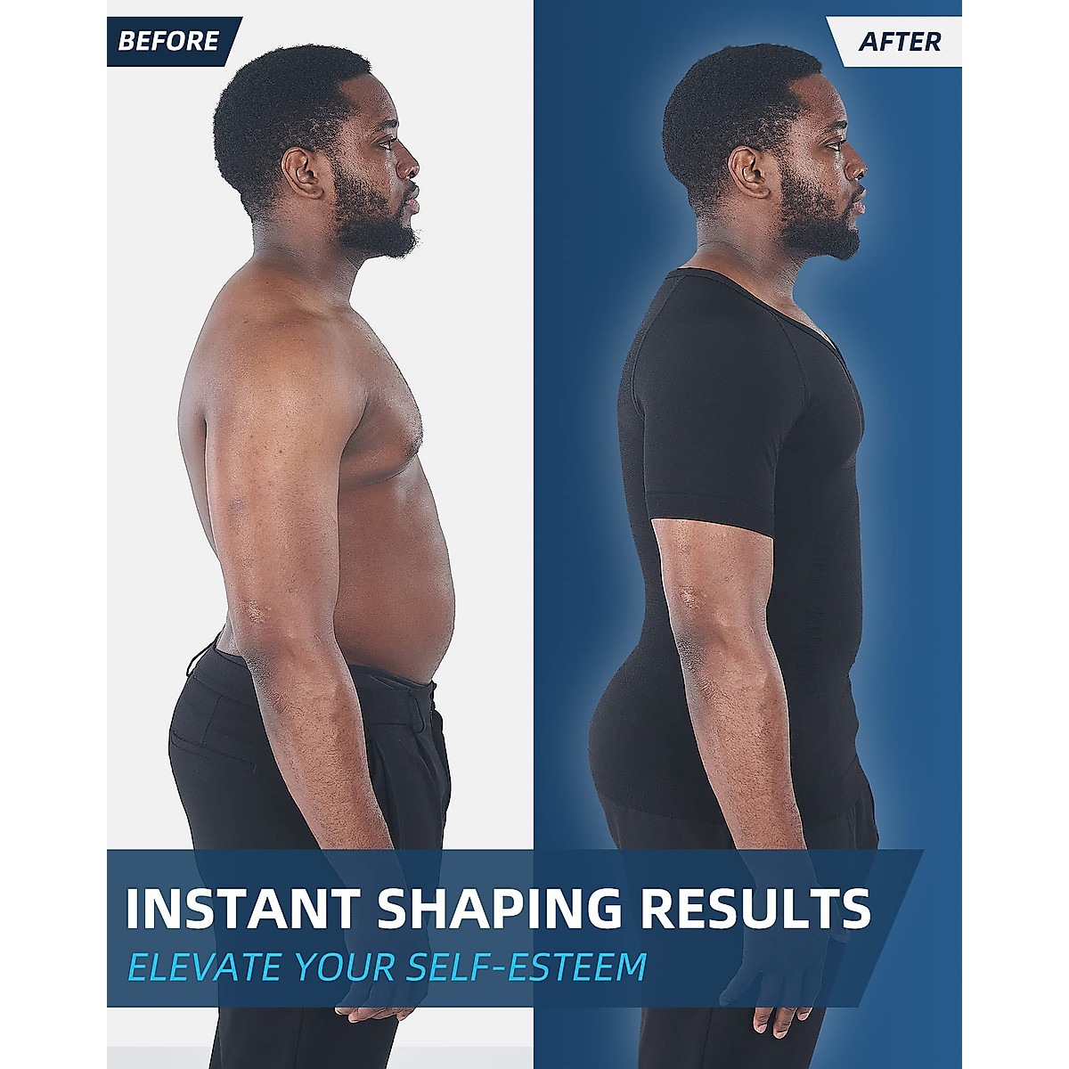 KOCLES Gynecomastia Compression Shirts for Men, Shapewear Slimming Body Shaper Undershirt, V-Neck Baselayer T-Shirt for Workout Sports, Fajas para Hombres (Black, X-Large)