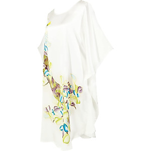 Kwedhonjh lady 100% silk pajamas, bat sleeve bathrobe - floral pattern (Peacock icon tooth white -a)