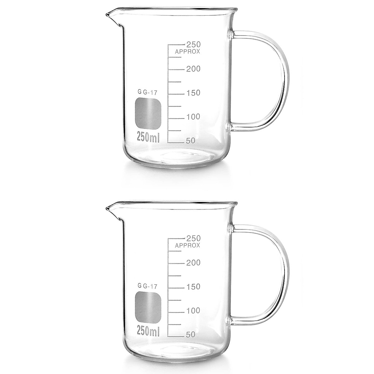 QWORK Beaker with Handle, 250ml/8.45oz, Measuring Cup, Borosilicate Glass, Beaker Mug with Pouring Spout, 2 Pack