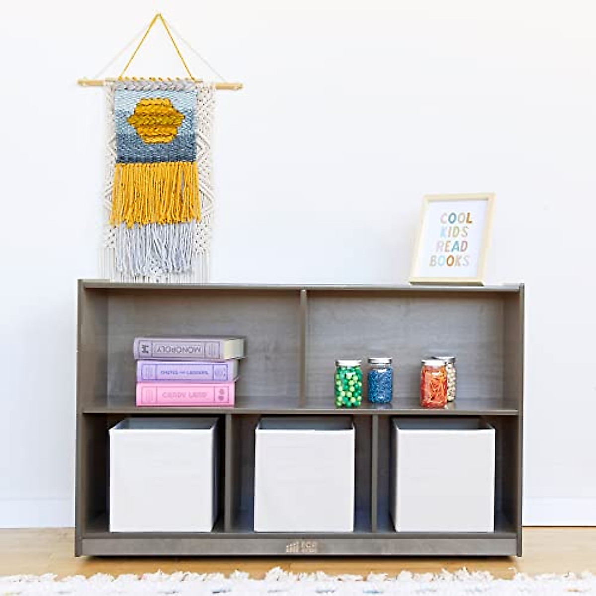 ECR4Kids 5-Compartment Mobile Storage Cabinet, 30in, Classroom Furniture, Grey Wash