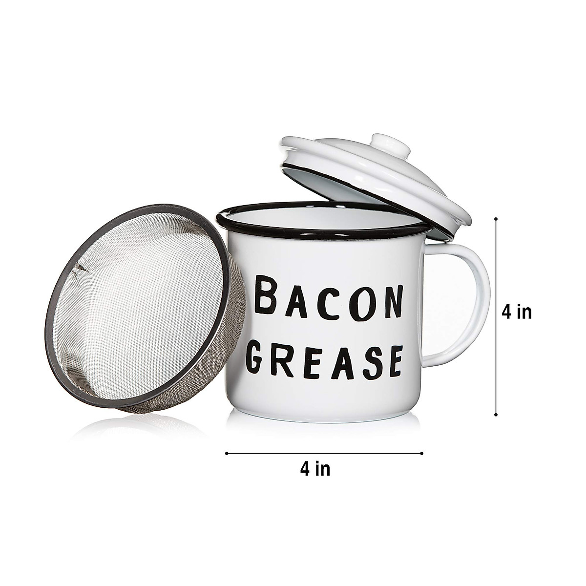 Bacon Grease Container with strainer - rustic mid-century modern farmhouse design, white enamel on metal, 4 inch x 4 inch vintage enamelware with lid (Black)