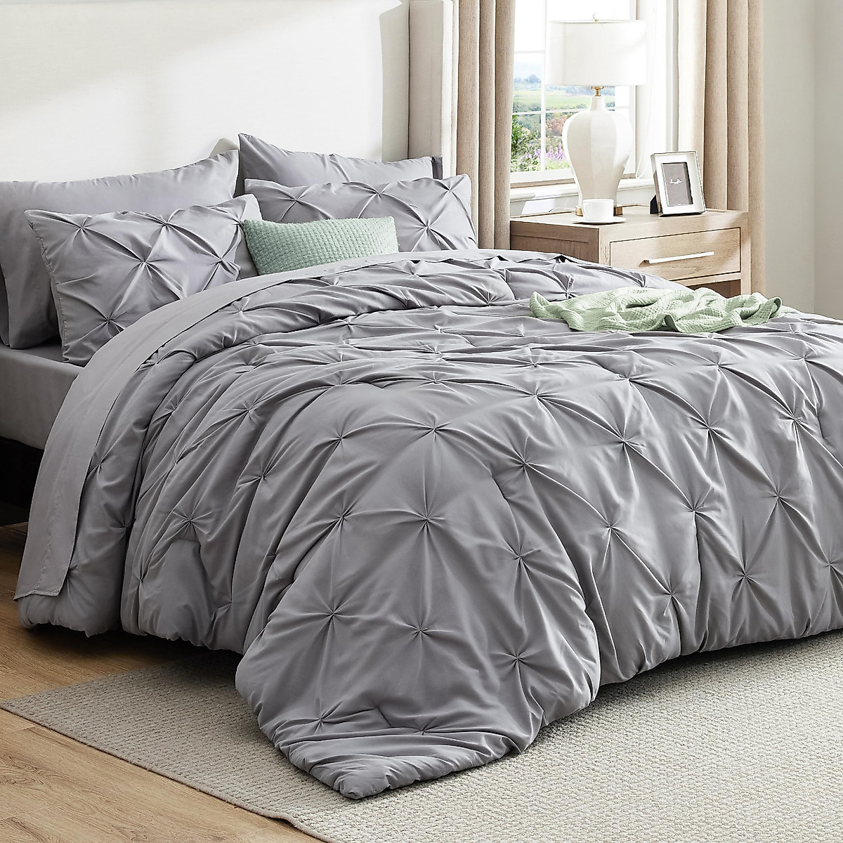 BEDSURE Queen Comforter Set - Bed in a Bag Queen 8 Pieces, Pintuck Bedding Sets Grey Bed Set with Comforters, Sheets & Skirt, Pillowcases & Shams