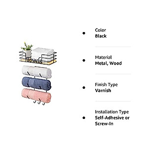 Towel Racks for Bathroom, Towel Holder Wall Mounted for Small Bathroom Wall, Roll Towel Rack with 3 Towel Hooks and Wooden Shelf, Drilling and No-Drill Installation Options Available, Black