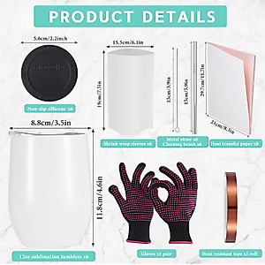 Yaomiao 6 Pieces Sublimation Tumblers 12 oz Sublimation Wine Tumblers Double Wall Vacuum Sublimation Cups Stainless Steel Sublimation Wine Glass with Heat Tape Gloves Shrink Wrap Paper Rubber Base