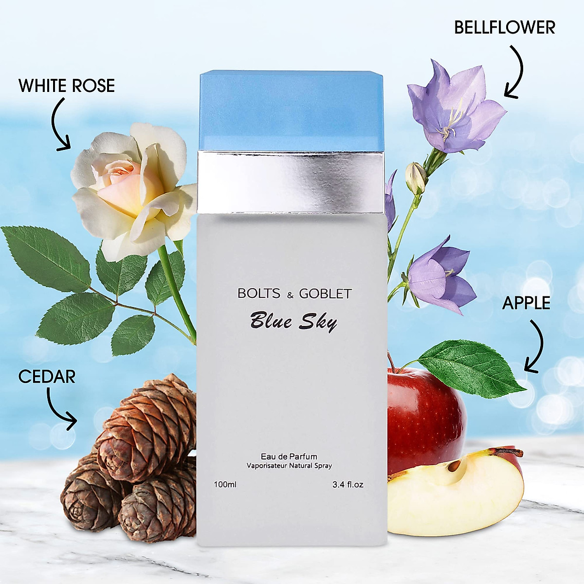 NovoGlow Blue Sky for Women - Aromatic Scents with finest oils for Men and Women - Enchanting Fragrance with Fruity, Floral Scent - 3.4oz Bottle Complete with Shiny Suede Pouch
