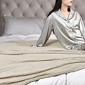 PHF Ultra Soft Waffle Weave Throw Blanket 50"x 60"- Washed Lightweight Breathable Cozy Woven Blanket for All Season - Great for Couch Bed Sofa Home Car - Light Khaki/Linen