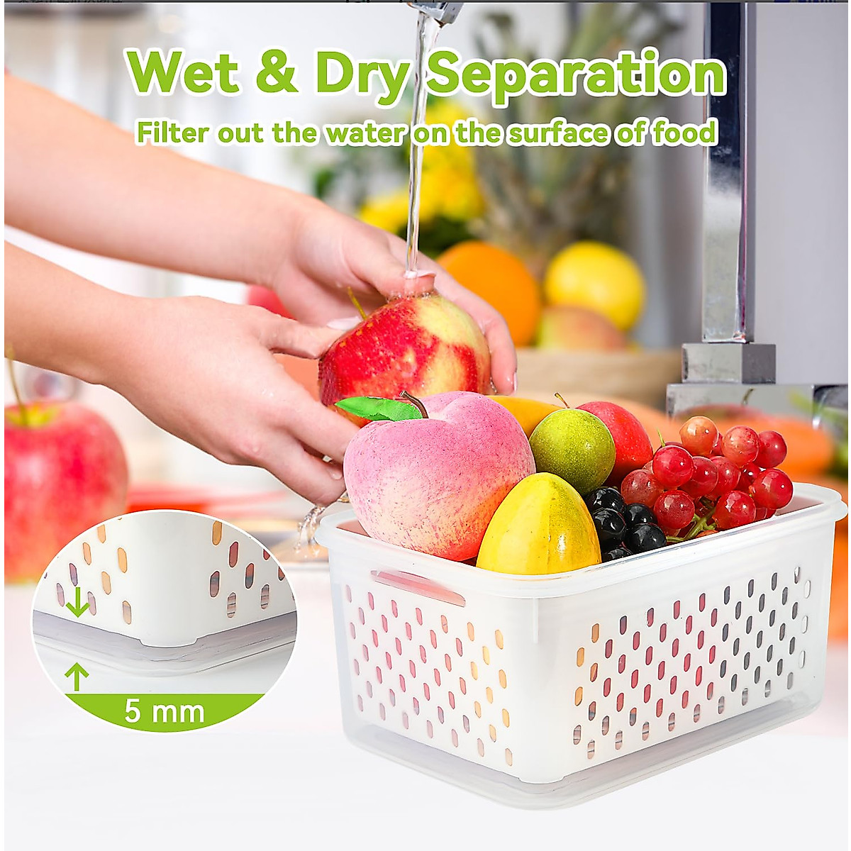 3 Pack Fruit Storage Containers for Fridge, Airtight Food Storage Containers with Removable Colander, Produce Saver Organizers Storage for Refrigerator, Keep Fruit Vegetable Meat Berry Fresh Longer