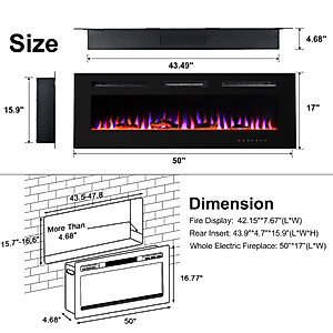 KEGIAN 50" Electric Fireplace, Wall Mounted and Recessed Electric Fireplace Inserts with Remote Control, Adjustable Flame Color, 750w/1500w, Black…