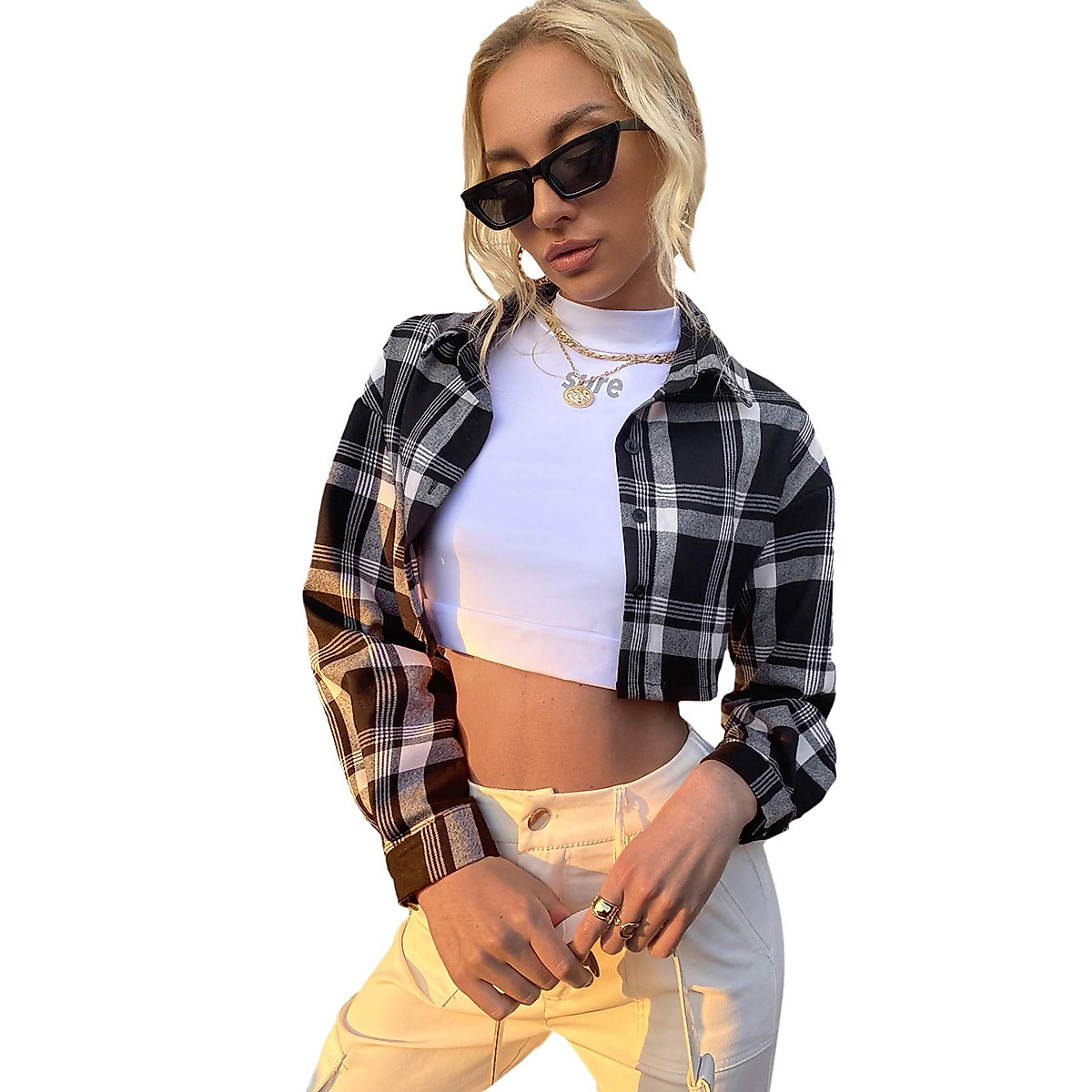 Floerns Women's Long Sleeve Collar Button Down Plaid Crop Top Blouse Black and White M