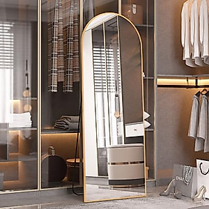 Poseerkey Arched Full Length Mirror 64" x 21", with Stand Large Floor Mirror, Full Body Mirror Standing Hanging or Leaning Against Wall Mirror for Bedroom, Living Room, Gold