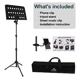 EASTROCK Sheet Music Stand Professional with Portable Bag Widened Panel, Thickened Pipe Wall, Lengthened Height Lifting Music Stand, Adjustable Folding Plate Metal, with Phone Holder