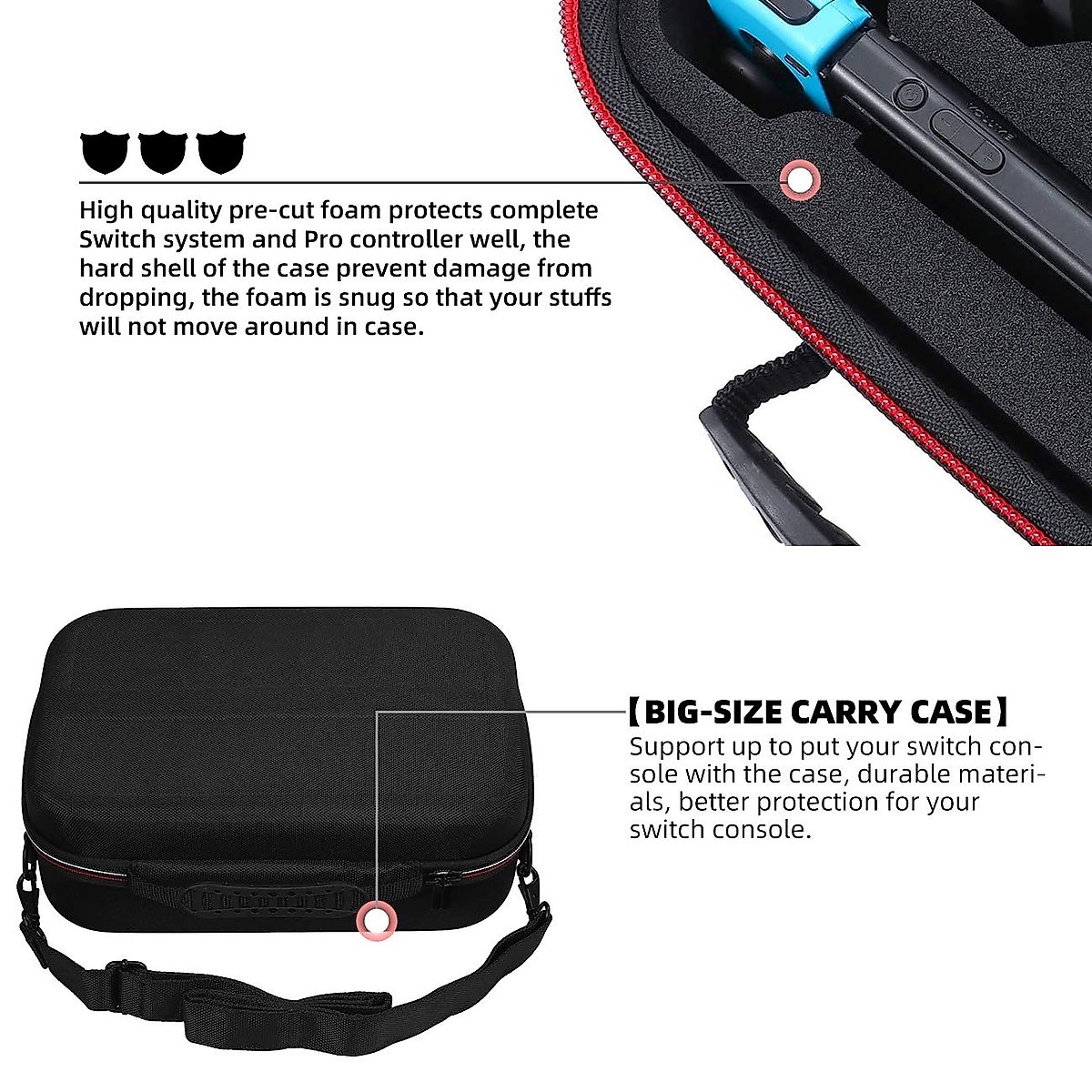 H HOLDPEAK Carrying Case for Nintendo Switch, Nintendo Switch Case with Shoulder Strap, Waterproof Hard Carrying Case Compatible for Switch Console, Game Cards and Rubberized Handle