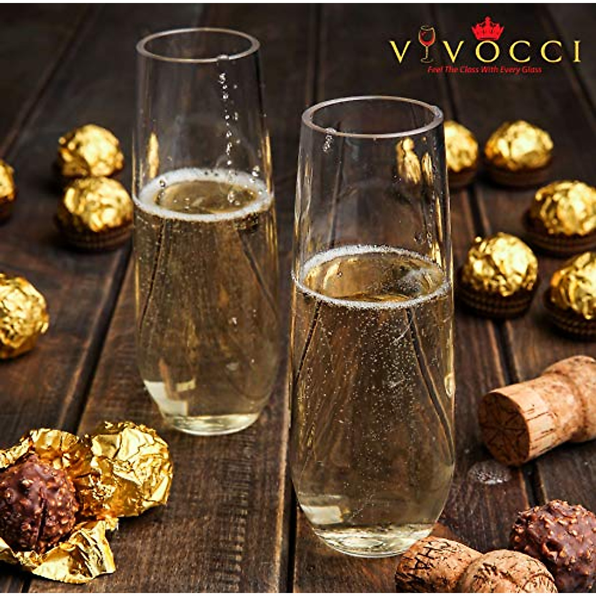 Vivocci Unbreakable Heavy Duty Reusable Plastic Stemless Champagne Flutes 8.5oz Ideal for Cocktails & Sparkling Wine Perfect for Wedding Parties | Tritan Glassware | Dishwasher Safe Glasses | Set of 6