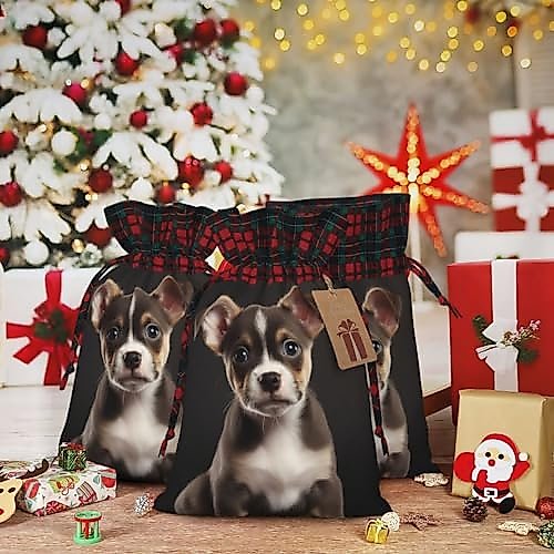 EVANEM Christmas Gift Bags with Drawstring Burlap Gift Bags Cute Dog Christmas Linen Bags for Xmas Party Candy Bags with Cards Xmas Reusable Wrapping Bags Christmas Linen Treat Bags for Holiday