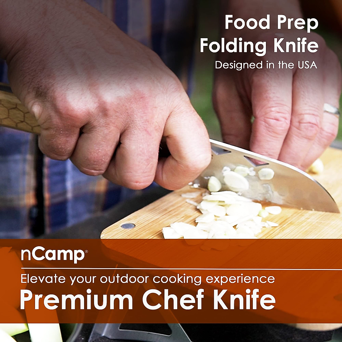 nCamp Food Prep Folding Knife - Premium Chef Knife, Classic Western Utility, Outdoor Cooking Knife with 9CR18MOV Steel Blade, wood handle for a comfortable secure grip