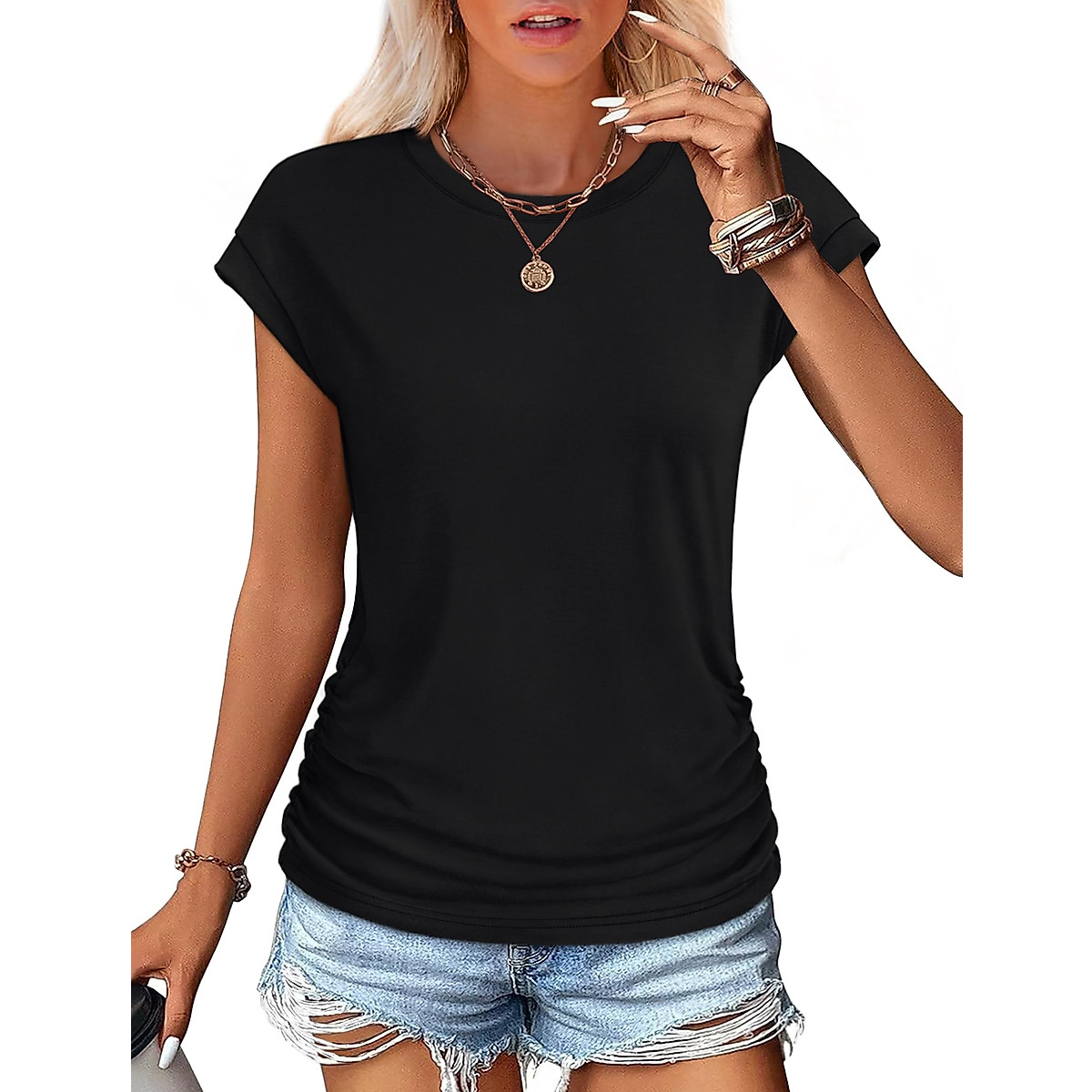 Womens Tops Summer Cap Sleeve Tops Trendy Loose Fit Tshirts Dressy Casual Shirts Fashion 2025 Vacation Outfits Clothing Black L