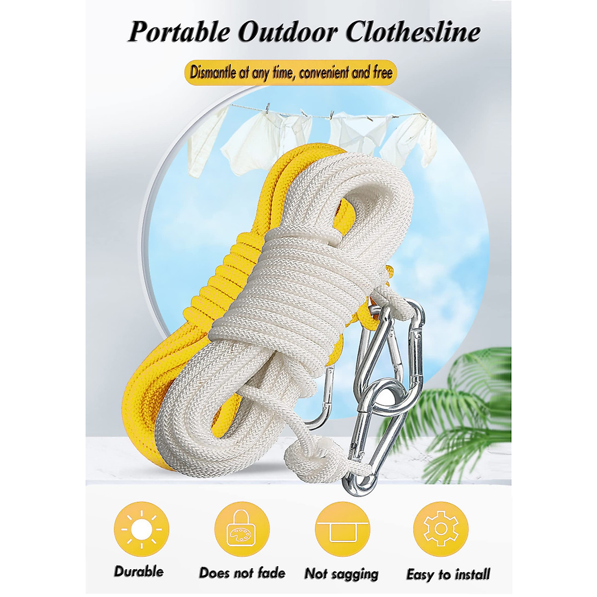 BanYakong Clothesline Clothes Drying Rope Portable Travel Clothesline Adjustable for Indoor Outdoor Laundry Clothesline, Perfect Windproof Clothes Line, Hanger for Camping Travel & Home Use(White)