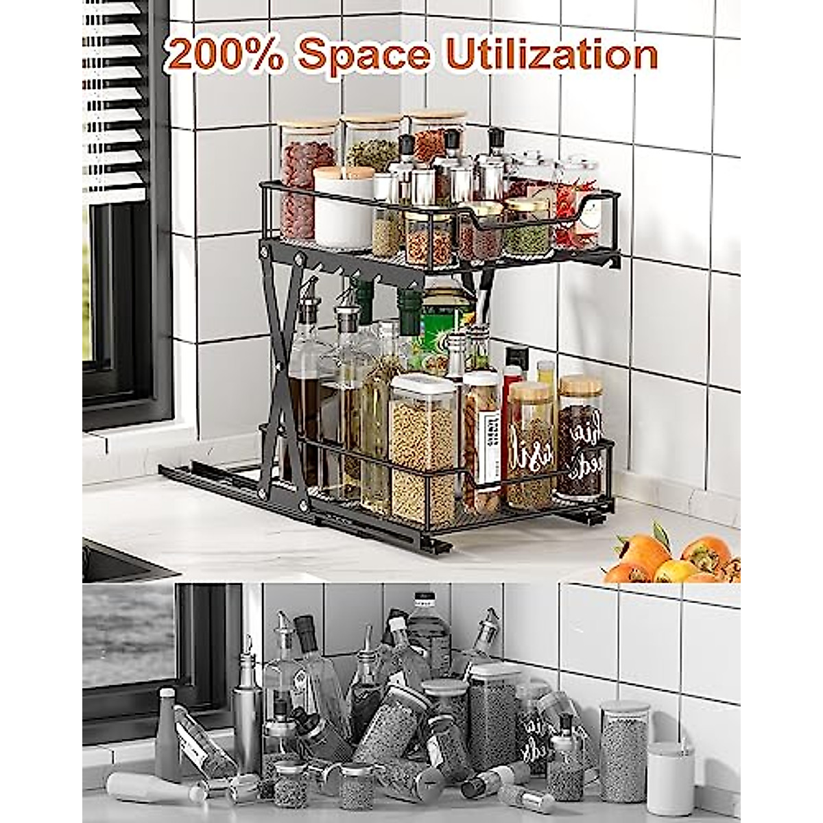 Metal Under Sink Organizer, 2 Tier Pull Out Cabinet Organizer with 5 Height Adjustable, Hold up to 80lbs, Multi-Purpose Organization and Storage For Kitchen Bathroom Pantry-Heavy Duty
