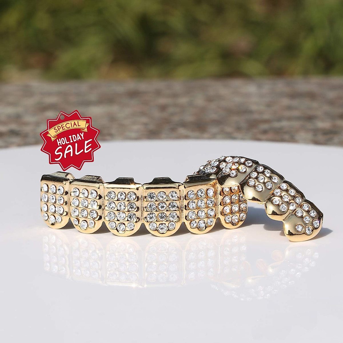 Gold Grillz Teeth Set Best gift for Son-New Custom Fit 14k Plated Gold Diamonds Grillz - Excellent Cut for All Types of Teeth–6pcs Top and Bottom Grill Set - Hip Hop Bling Grillz