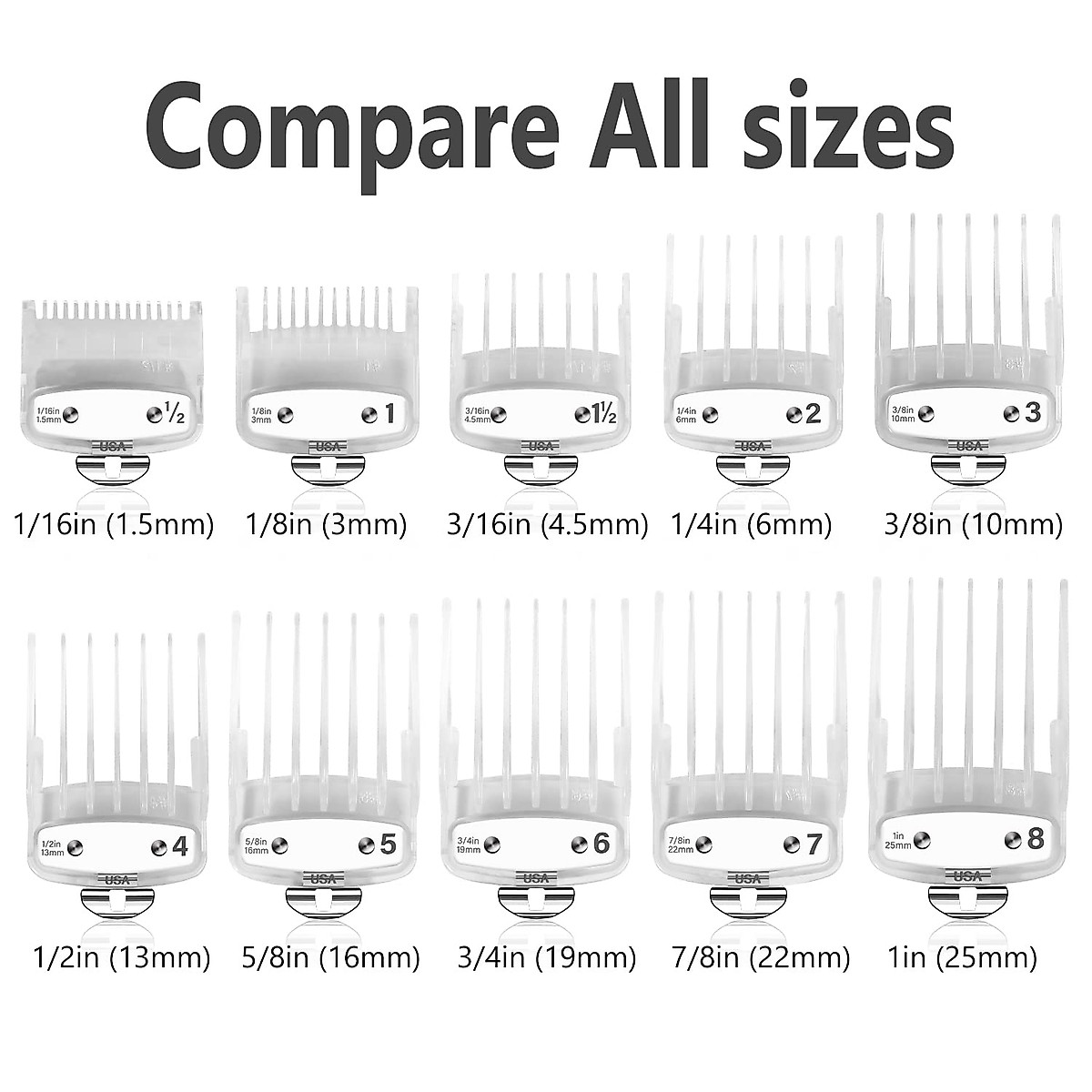 Professional Hair Clipper Guards Guides 10 Pcs Coded Cutting Guides #3170-400- 1/16" to 1" fits for All Wahl Clippers(Transparent-10 pcs)