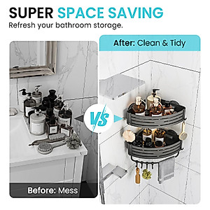 JIPORIER Corner Shower Caddy Suction Cup with 8 Hooks & 1 Towel Bar, 2 Pack Shower Shelves for Inside Shower, NO-Drilling Shower Organizer, Rustproof Shower Caddies Storage