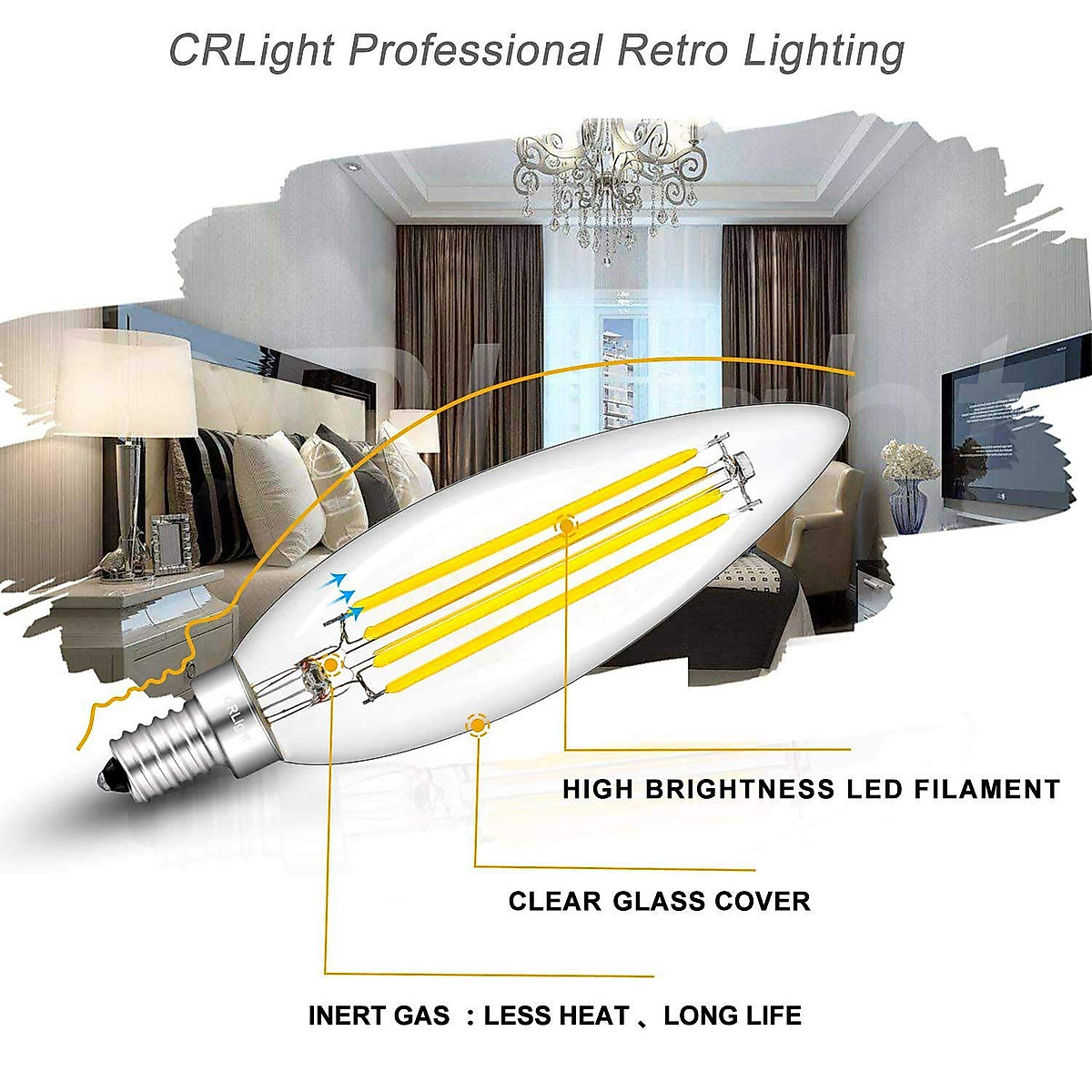 CRLight 8W Dimmable LED Candelabra Bulb 4000K Daylight White, 80W Equivalent 800LM E12 LED Candle Bulbs, Upgraded Lengthened B11 Clear Glass Torpedo Shape Chandelier Light Bulbs, 6 Pack