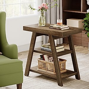 Tribesigns End Table for Living Room, 3-Tier Narrow Sofa Side Table with Storage Shelf, Farmhouse Small Wood End Table for Small Spaces, Industrial Heavy-Duty Bedside Table for Bedroom, Rustic Brown