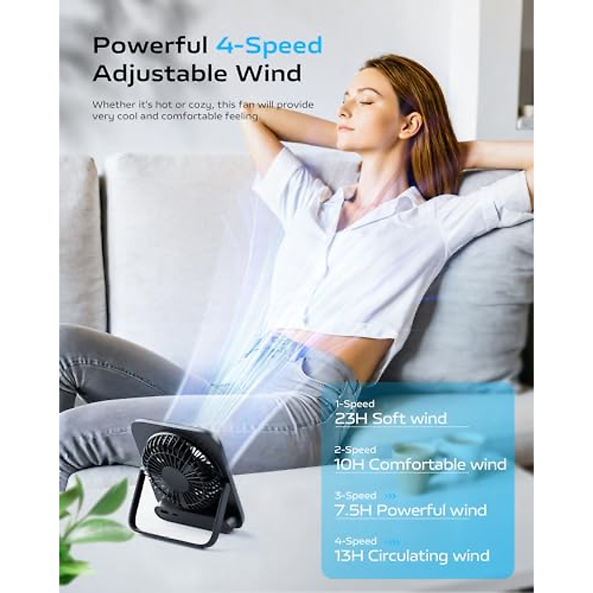 Otlonpe Desk Fan Rechargeable Portable Fan, 4000mAh Battery Operated Personal Silent Table Fan, 6.5 Inch Small Travel Fan with Power Bank, 4 Speeds Desktop Fan for Bedroom Home Office Outdoor, Black