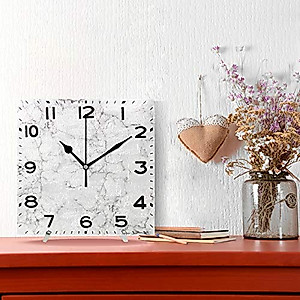 Naanle Chic 3D White Marble Stone Print Square Wall Clock, 8 Inch Battery Operated Quartz Analog Quiet Desk Clock for Home,Office,School