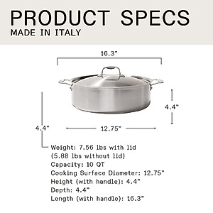 Made In Cookware - 10 Quart Stainless Steel Rondeau Pot w/Lid - 5 Ply Stainless Clad - Professional Cookware - Crafted in Italy - Induction Compatible