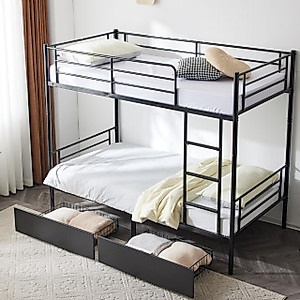 Karl home Black Bunk Bed Twin Over Twin with 2 Storage Drawers, Metal Bunk Bed with Built-in Ladder and Safety Guardrail, Space-Saving Twin Bunk Beds for Kids, Teens & Adults, No Box Spring Needed