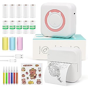 MXiiXM Mini Sticker Printer, Portable Mini Pocket Printer for iPhone, Smart Inkless Thermal Printer with 13 Roll Papers, Bluetooth Mini Printer for Notes, Photos, Stickers, Labels, Receipts (Pink)