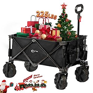Portal Folding Collapsible Beach Wagon Utility Outdoor Camping Cart with 8" Big Wheels & Adjustable Handle, Large Capacity Foldable Grocery Wagon for Garden Beach Wagon, Black