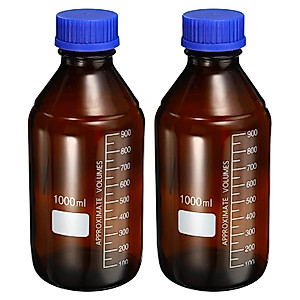 PATIKIL 1000mL Reagent Media Bottle, 2Pcs Round Graduated Glass Storage Bottle Blue Screw Cap for Chemistry Lab Universities Home, Amber