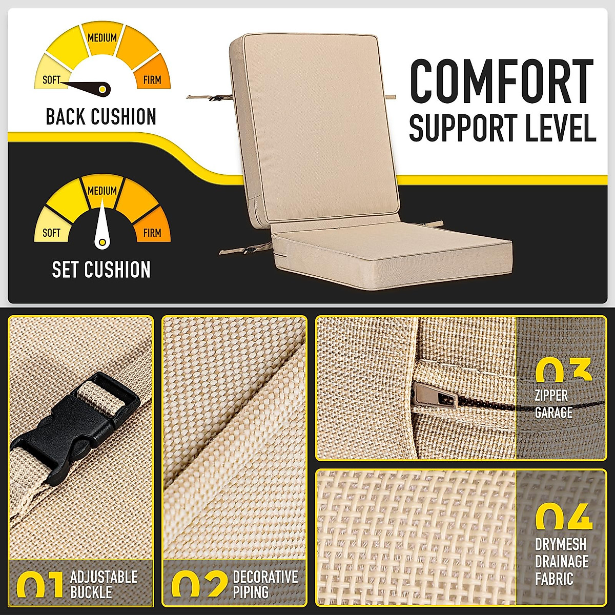 SUNROX DryFast Foam Patio Deep Seating Cushion Set with DryMesh Drainage, All-Weather FadeShield Water Resistant Outdoor Chair Cushion Set 18"x37"x3", Husk Birch