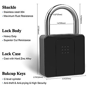 Fingerprint Padlock with Key Backup, Dhiedas Pad Lock with Fingerprint Bluetooth Key Waterproof Heavy Duty Combination Lock for Outdoor Fence Gate Shed Warehouse Gym Storage Yard