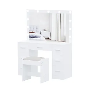 Irontar Vanity Desk with Stool, Makeup Table with Lighted Mirror, 3 Color Lighting Modes, Brightness Adjustable, Dressing Table with Drawers, Vanity Table Set for Women, White WDT004WD