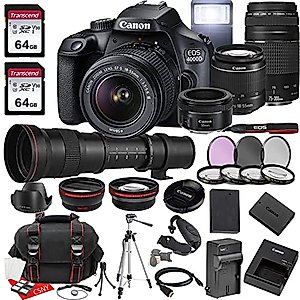 Canon EOS 4000D (Rebel T100) DSLR Camera w/18-55mm F/3.5-5.6 Zoom + 75-300mm F/4-5.6 III + EF 50mm f/1.8 STM + 420-800mm f/8.3 HD Telephoto Lens + 2X 64GB Memory+Hood+Filters+Tripod+More (35pc Bundle)