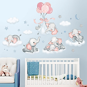 wondever Watercolor Pink Sleeping Elephant Wall Stickers Flying Animals Clouds Star Peel and Stick Wall Art Decals for Baby Nursery Kids Bedroom