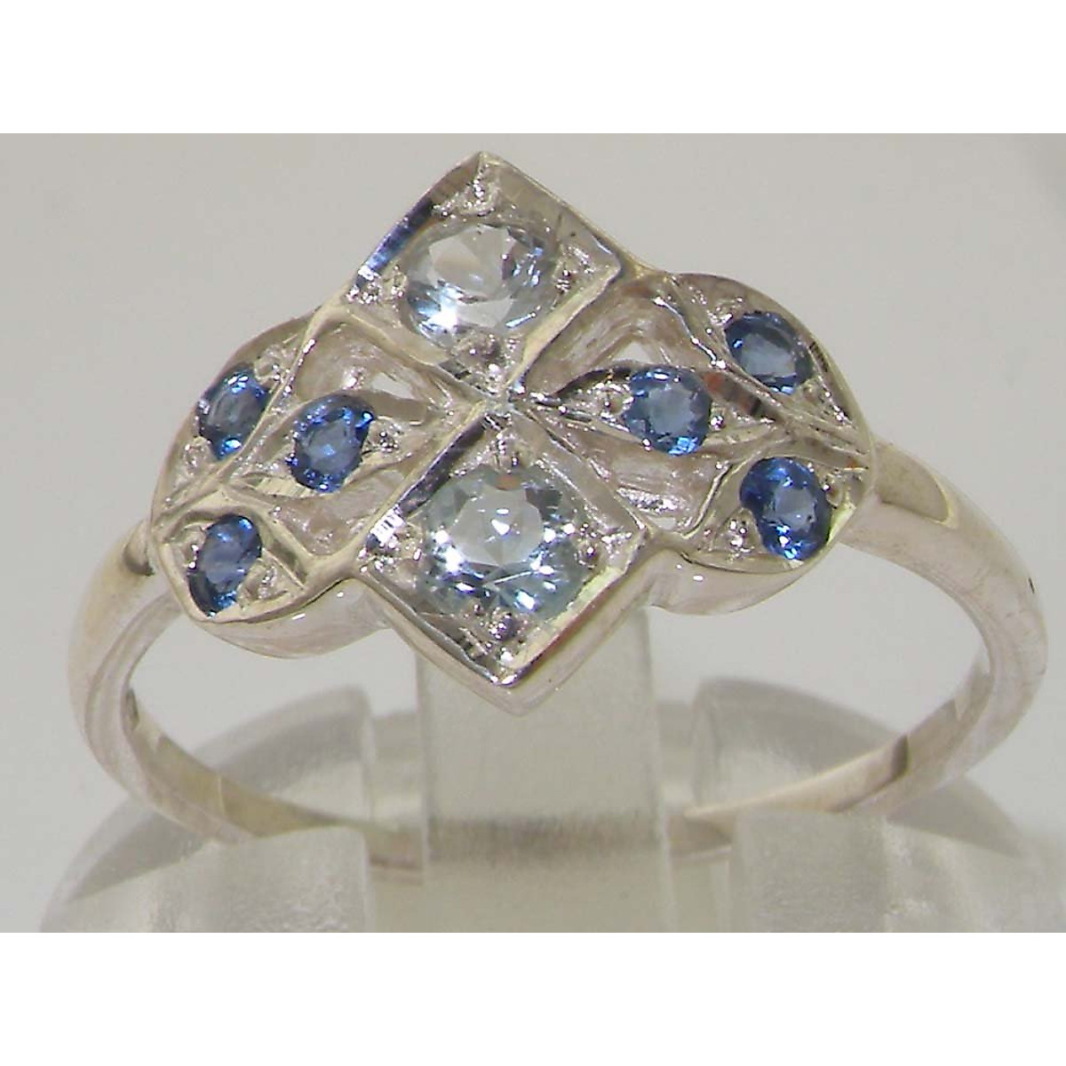 LetsBuyGold 925 Sterling Silver Natural Aquamarine and Sapphire Womens Cluster Ring - Sizes 4 to 12 Available