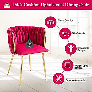 NIOIIKIT Modern Velvet Dining Chairs Set of 2 Hand Weaving Accent Upholstered Side Chair with Golden Metal Legs for Dining Room Kitchen Vanity Living Room (Rosered)